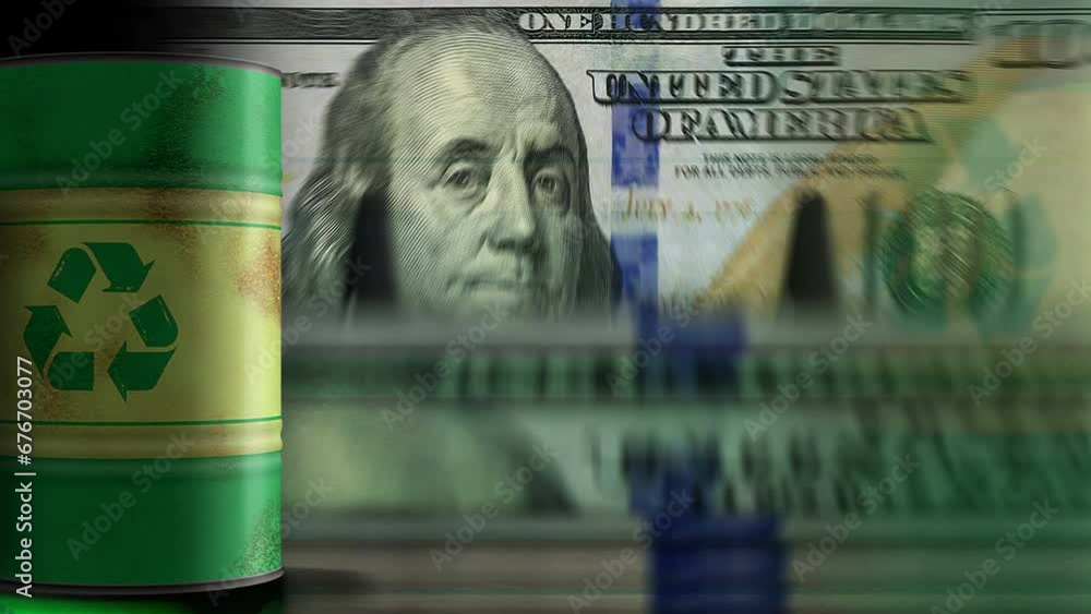 Recycling ecology reuse barrels over USA Dollar money banknotes ...