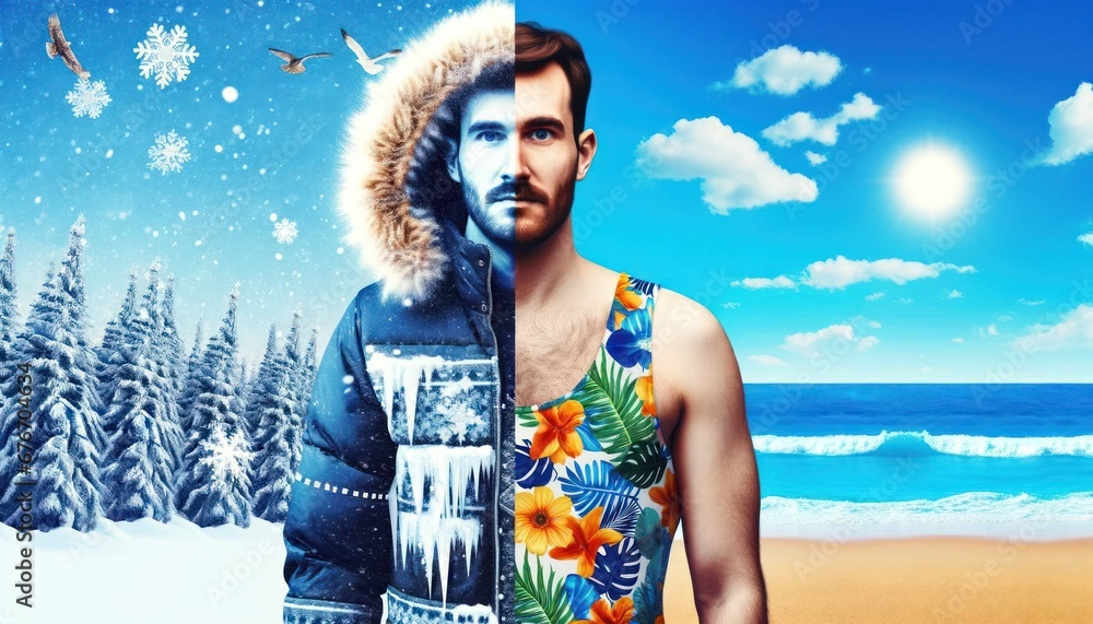 Stylized image of a man, half in winter clothing, half in swimsuit ...