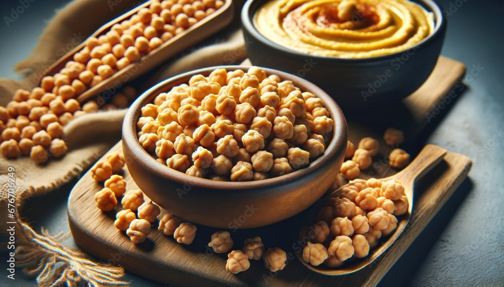 Zoomed-in presentation of chickpeas, emphasizing texture and golden ...