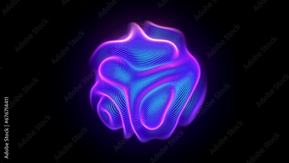 Blue glowing 3D sphere with moving waving pixelated surface on black ...