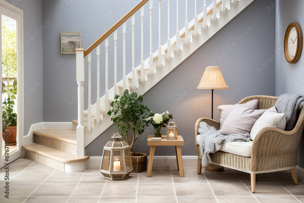 Wicker armchair against grey wall and classic staircase. French country ...