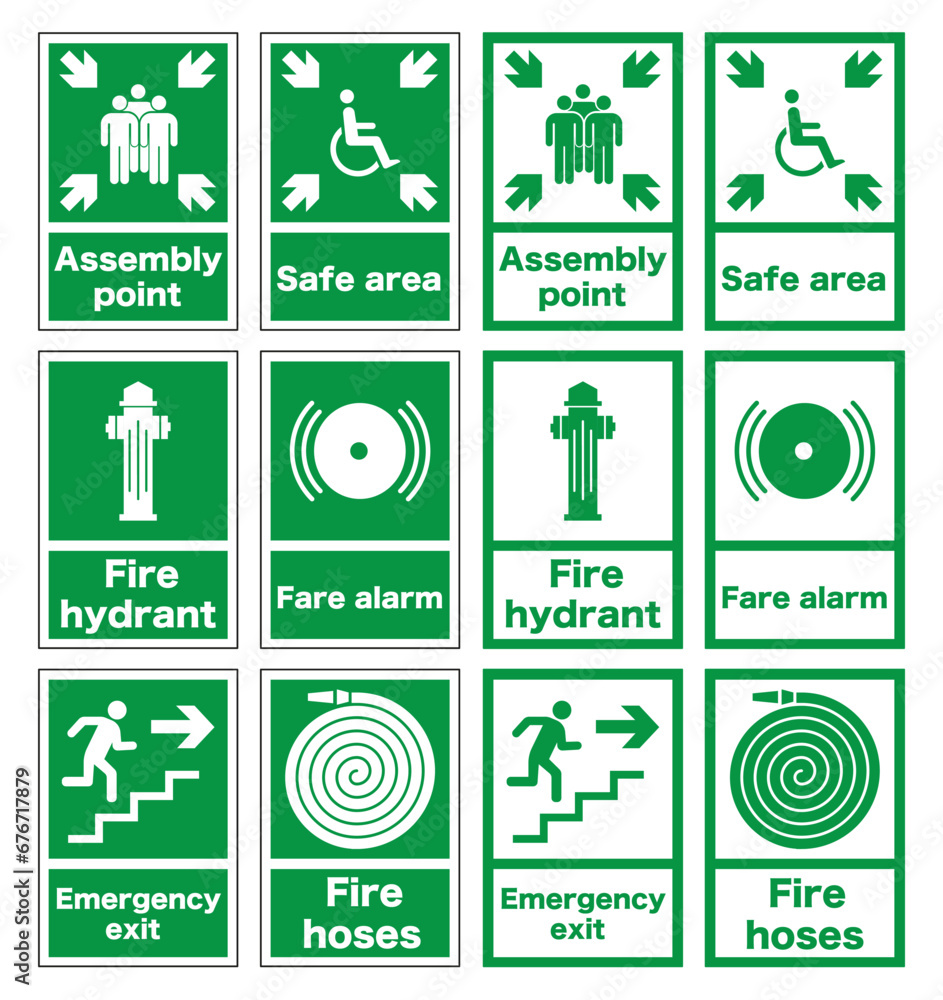 Commonly used signs in case of fire. Emergency exit and action in case ...