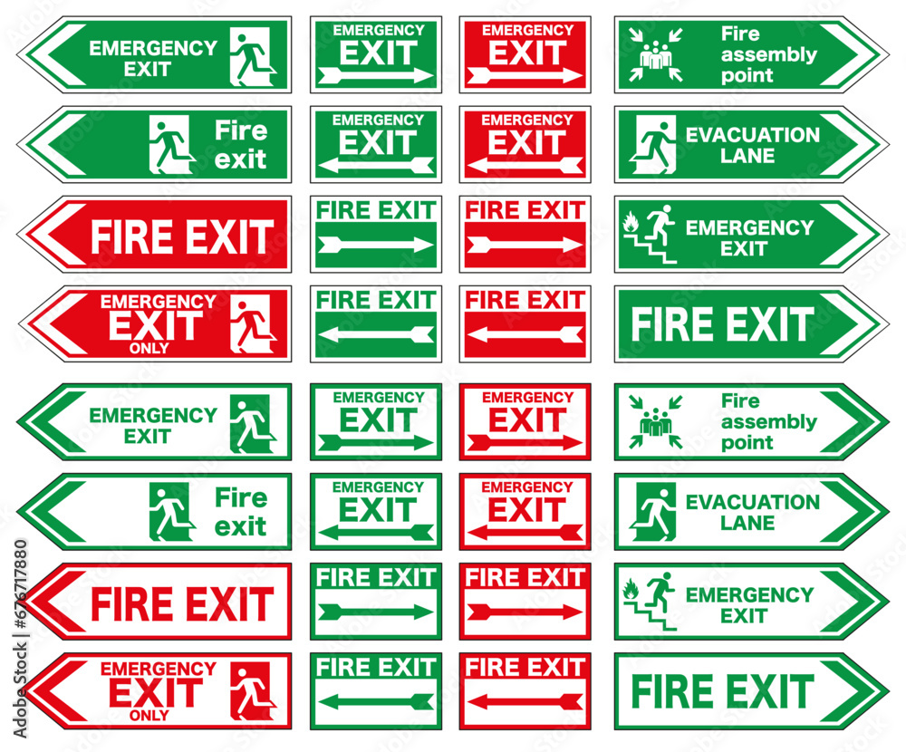 Set of emergency exit and fire exit signs, fire gathering place ...