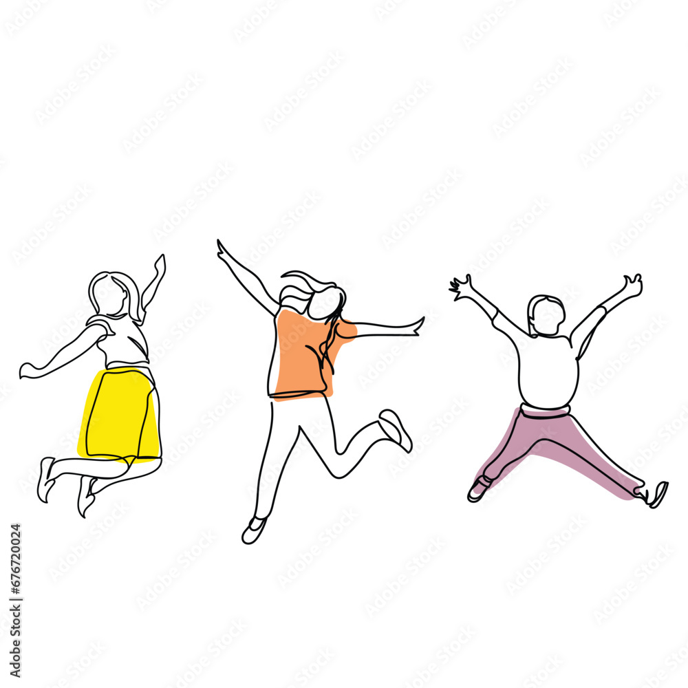line art drawing of excited preteen kids. Adolescents jumping out of ...