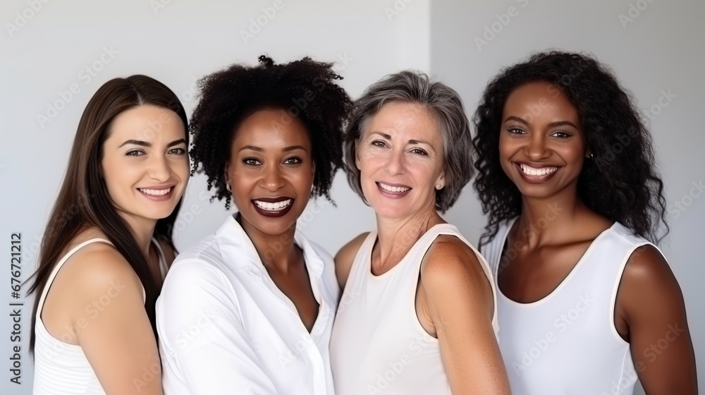 Group portrait of Beautiful Ladies with different skin and hair colors ...