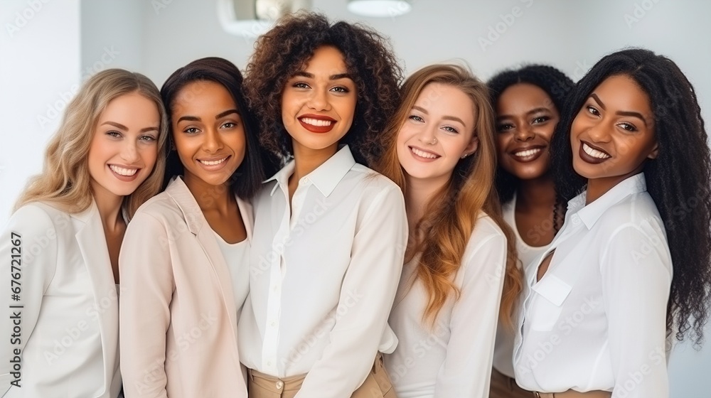 Group portrait of Beautiful Ladies with different skin and hair colors ...