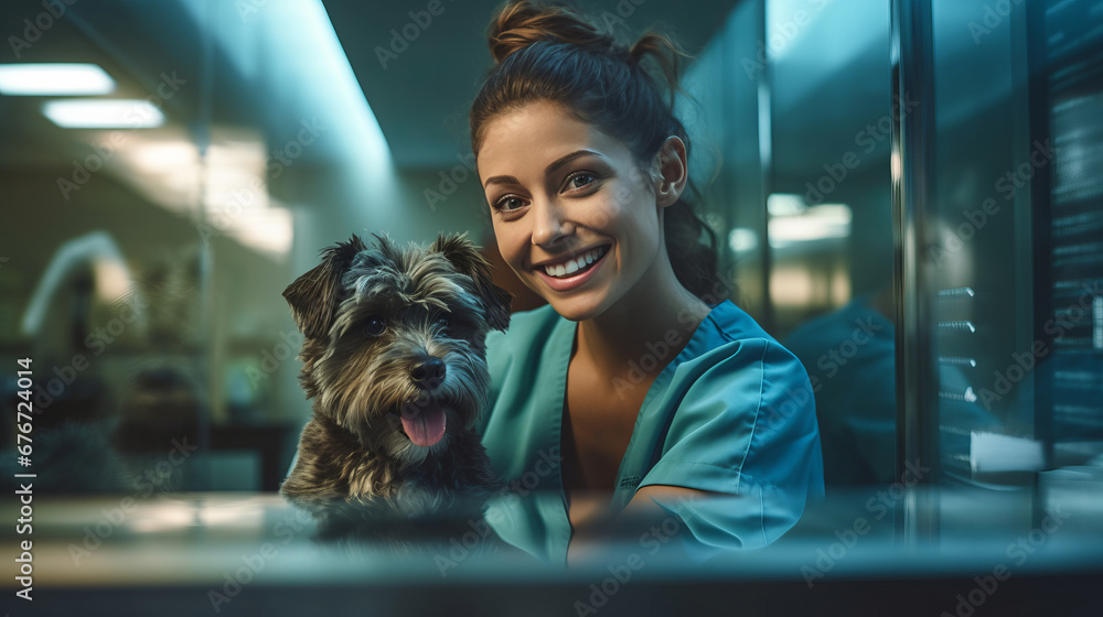 Young vet girl shares joyful moment with playful dog in clinic ...
