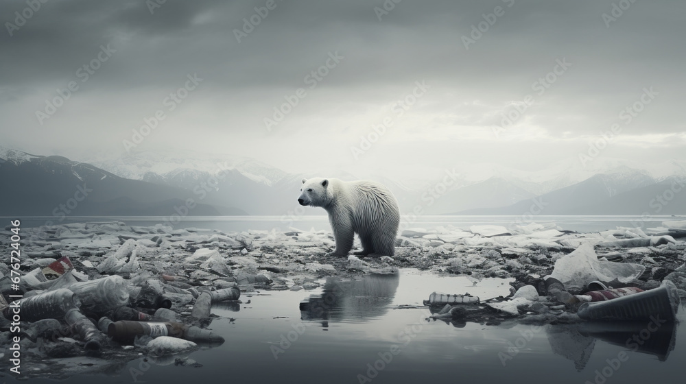 Puzzled polar bear stands in desolate gray world of melted ice, plastic ...