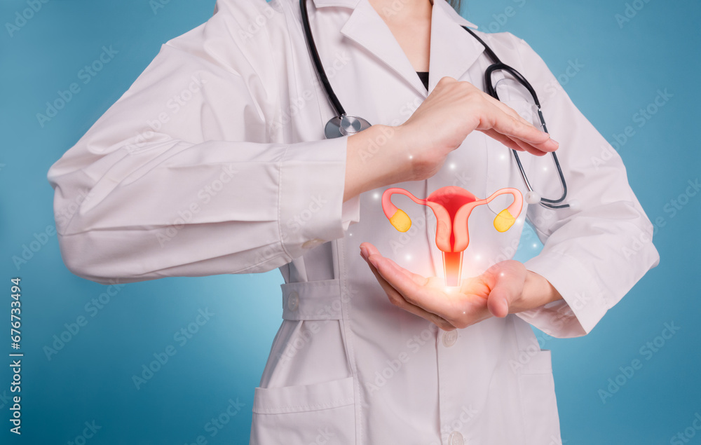 Female doctor wear medical uniform lab coat hands protective gesture a ...