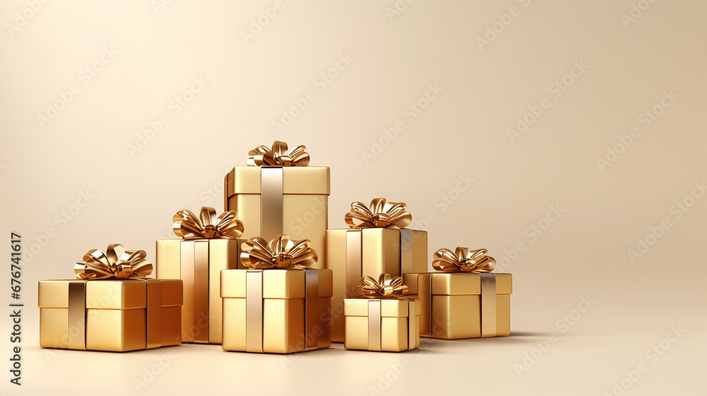 Beautiful luxury gold gift boxes with ribbon bow. Minimal style ...