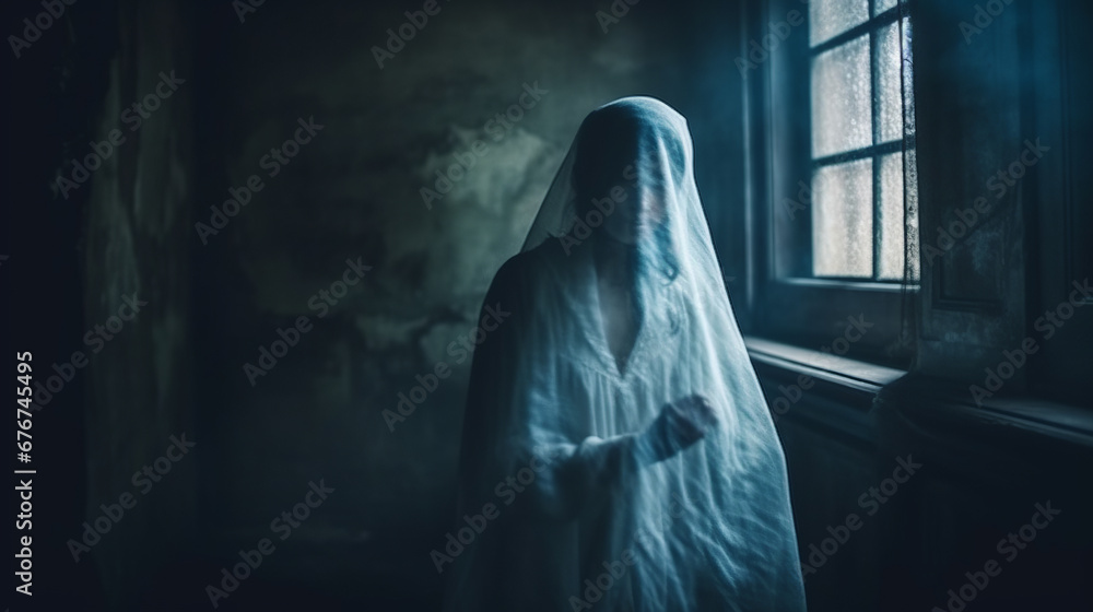 Scary ghost woman in Haunted House, dark room eerie and spooky ...