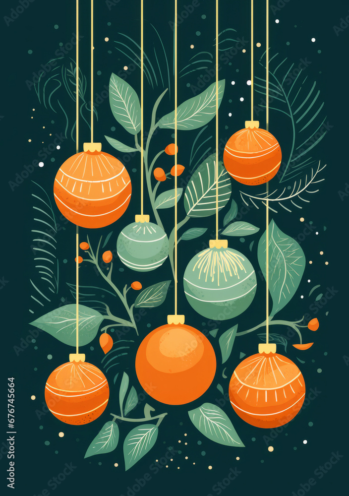 Christmas card with orange ornaments on green background Stock ...