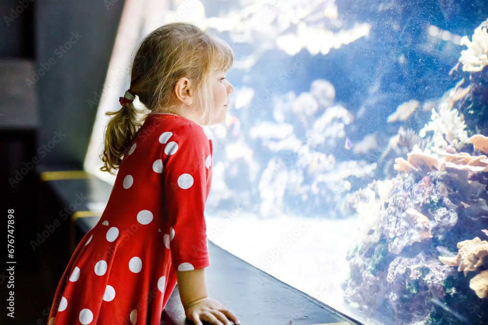 cute little toddler girl visiting zoo aquarium. Happy baby child ...