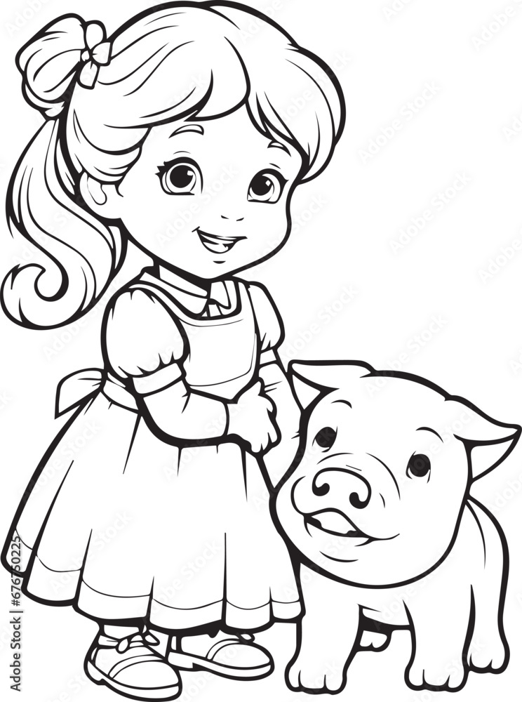 Cute Girl with a Pig Baby coloring book page design. Line art girl with ...
