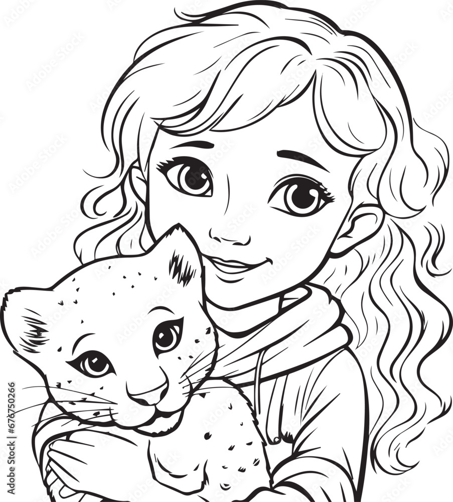 Cute Girl With A Cat coloring book page design. Line art cat & girl ...