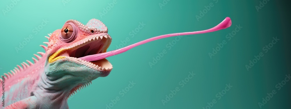 Advertising banner with funny pink chameleon with tongue sticking out ...