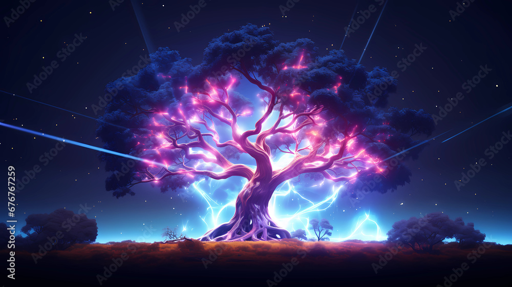 Oak Nature Tree Plexus Neon Black Background Digital Desktop Wallpaper ...