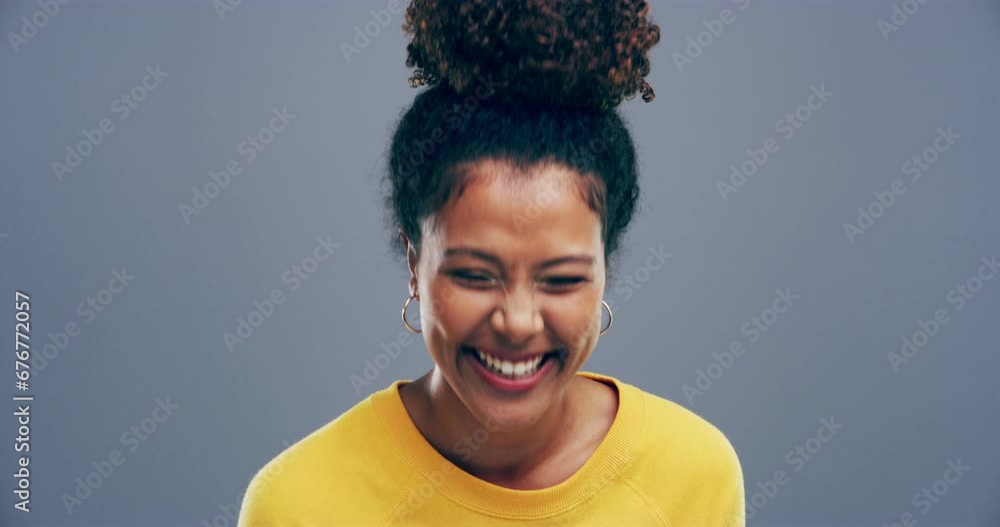 Vidéo Stock Face, studio or happy woman laughing at comedy or crazy ...