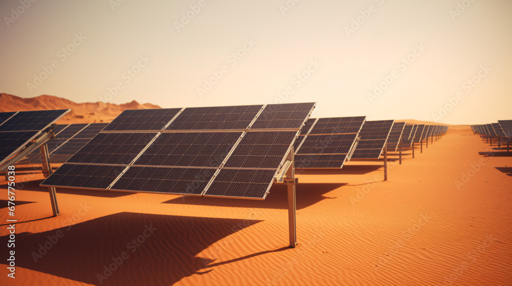 Solar panels in a desert landscape, surrounded by sand dunes. Stock ...