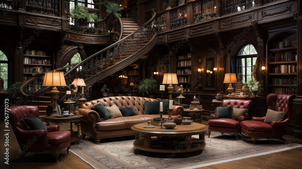 Majestic Home Library: A grand home library with a spiral staircase, high ceilings, and rich ...