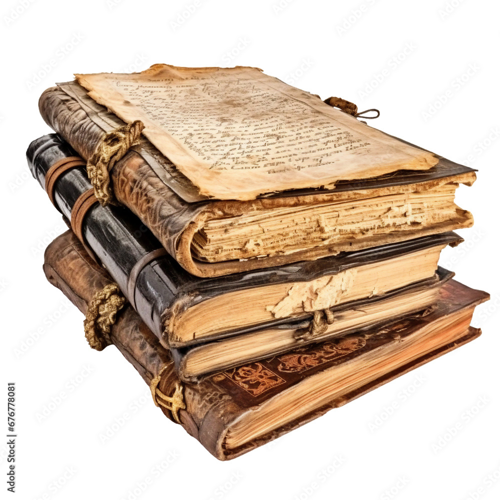 Isolated picture of ancient manuscripts on a white backdrop ...