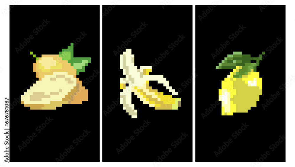 pixel art background fruit lemon, banana, mango card background 8 bit ...