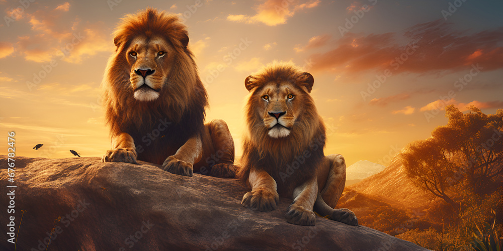 lions in the sunset, Two lions in a fierce setting at rock with a ...
