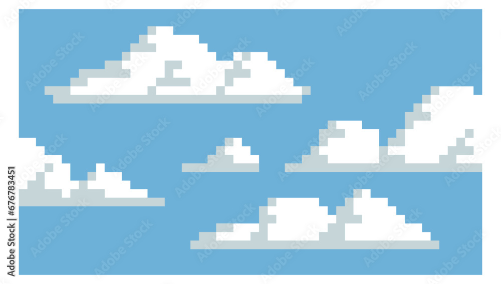 Pixel art clouds landscape background . cloudy skies Retro 8 bit 16 bit ...