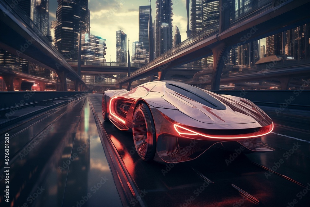 AI illustration of a sleek, futuristic car driving along a street in a ...