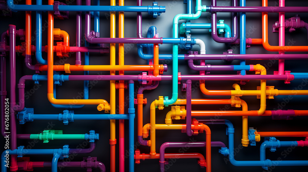 Pipes of various colors are tangled that are attached to the wall. All ...