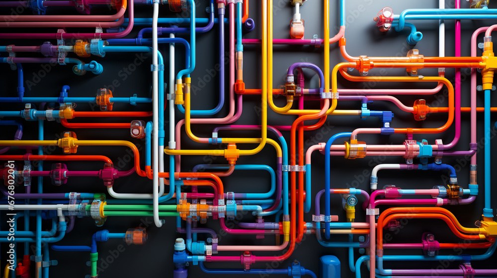 Pipes of various colors are tangled that are attached to the wall. All ...