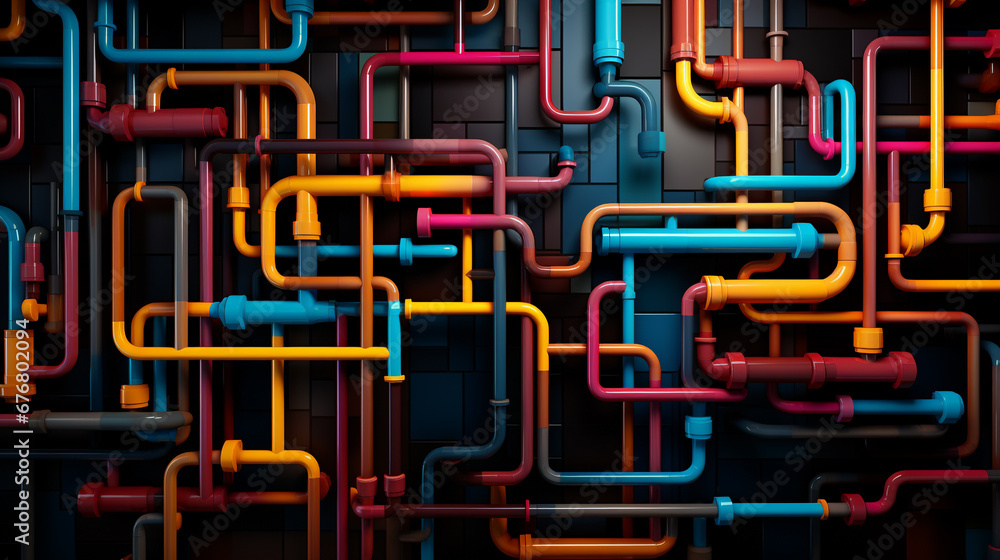 Pipes of various colors are tangled that are attached to the wall. All ...