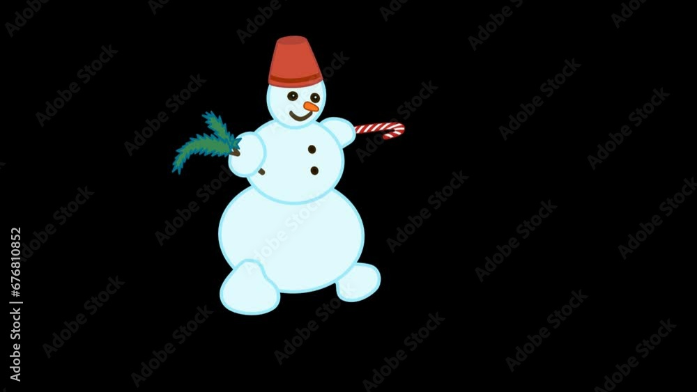 Cute funny snowman with candy cane and fir tree branch dancing on ...
