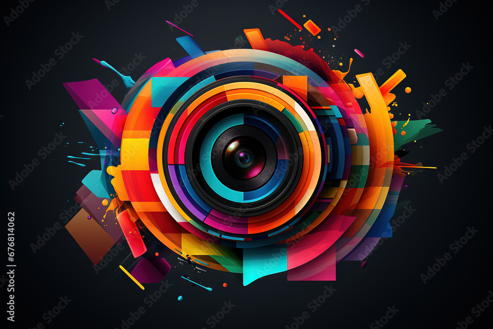 An abstract logo in the shape of a camera lens with geometric shapes ...