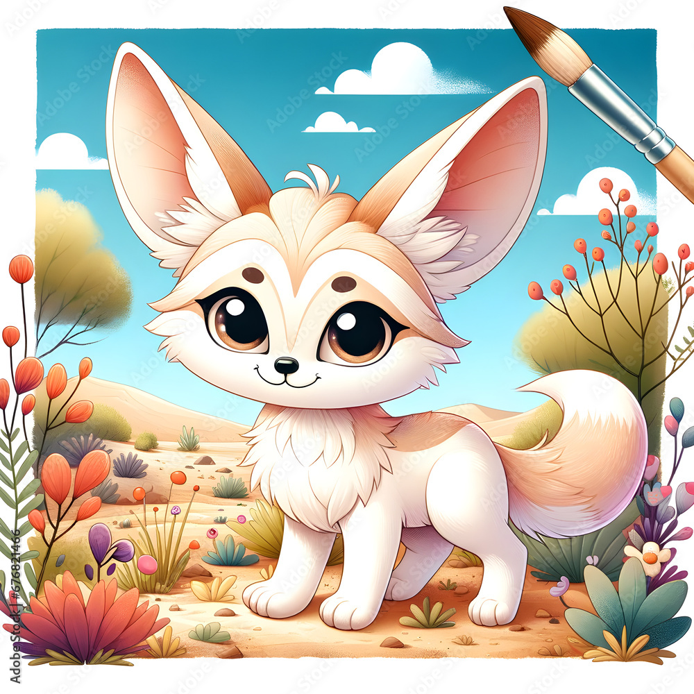 Cartoon Fennec Fox in a Colorful Desert Landscape Painting - Concept of ...