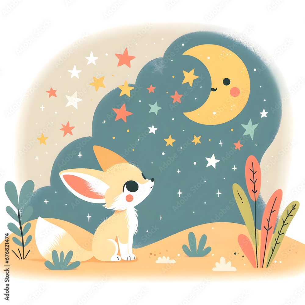 Whimsical Illustration of a Cute Fennec Fox Admiring a Smiling Crescent ...