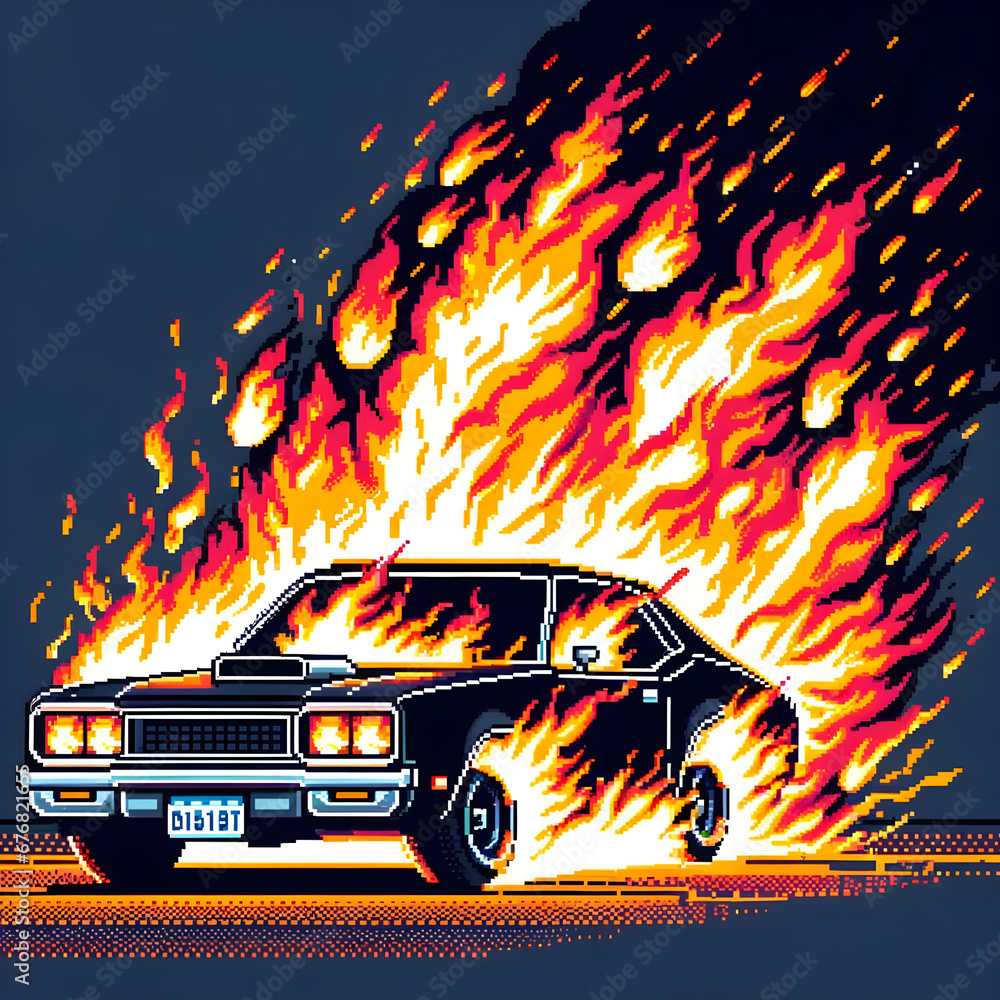 Pixel Art Illustration of a Car Engulfed in Flames - Concept of Danger ...