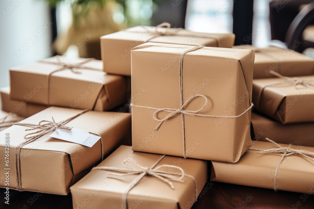Parcels wrapped in natural packing materials. Generative AI Stock Photo ...