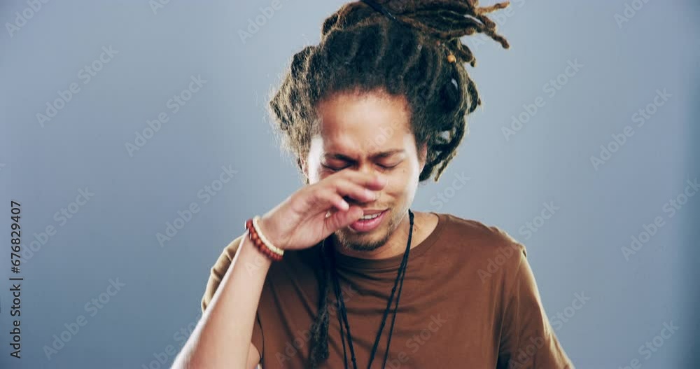 Anxiety, portrait and crying, man in studio with mental health burnout ...