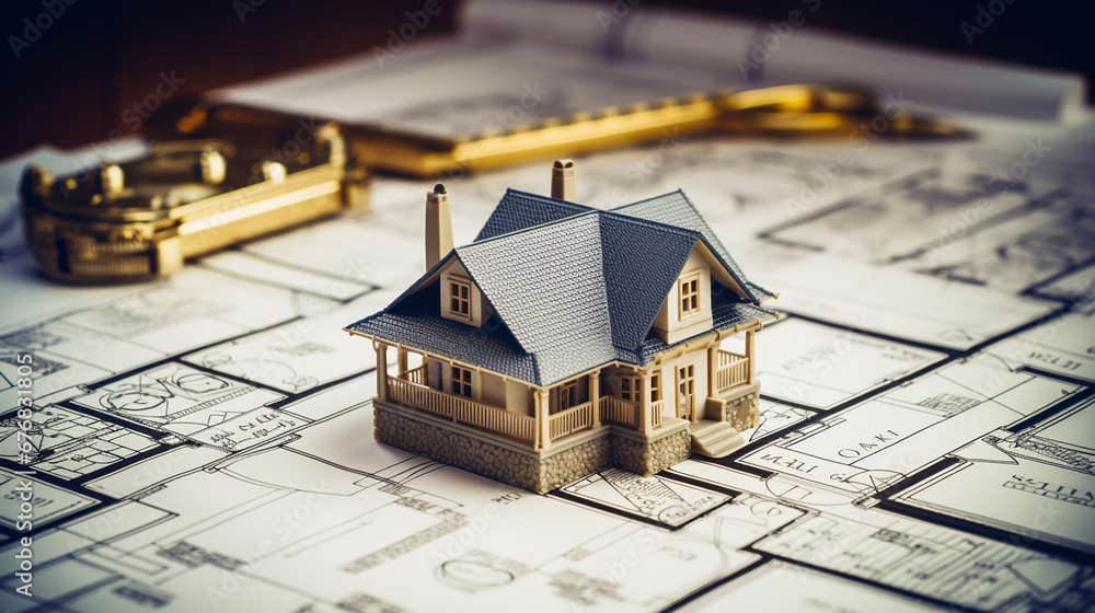 House model on construction drawings. Architectural project ...