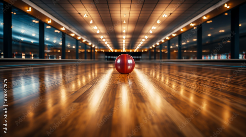 Bowling ball on wooden bowling alley at the club, For presentation ...