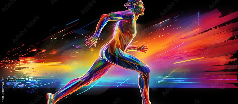 Colorful holographic human runner sport on dark background. AI ...