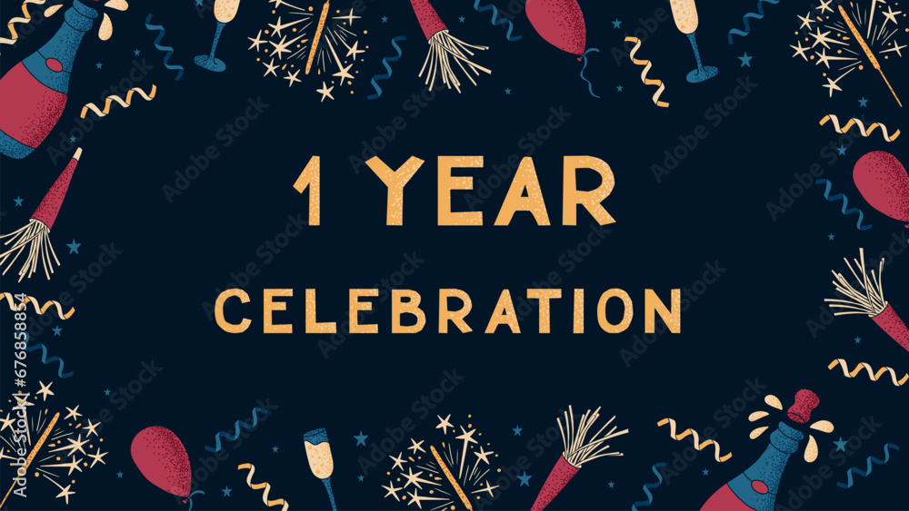 Greeting vector banner with text 1 Year celebration. Dark theme ...