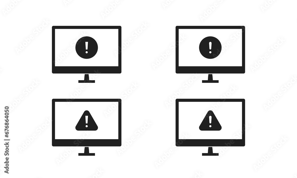 PC monitor with exclamation mark on screen vector icon set. Warning ...