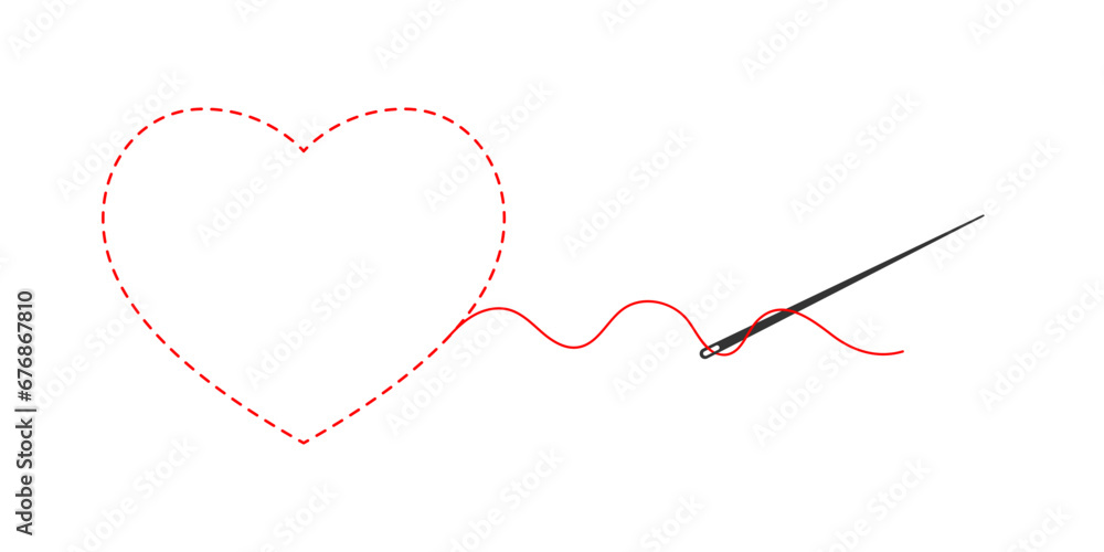 Red heart. Drawing of a needle and thread. Embroidery and needlework ...