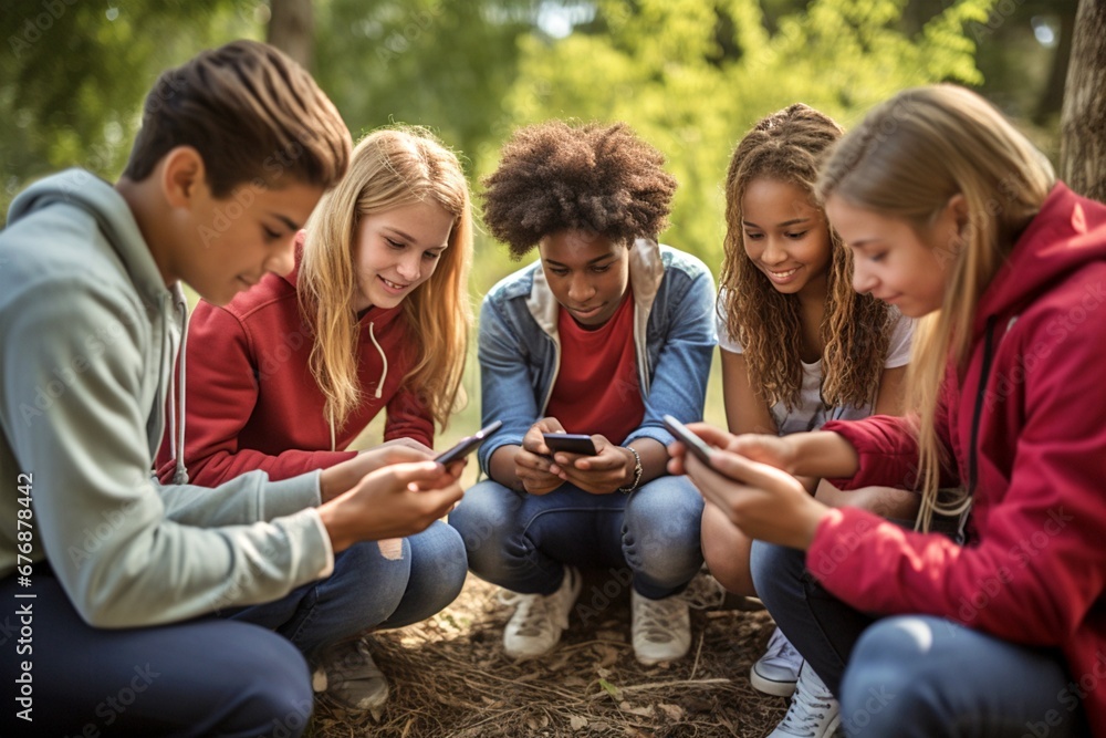 Teens using smart phones in a circle - Young people from different cultures using smartphones ...