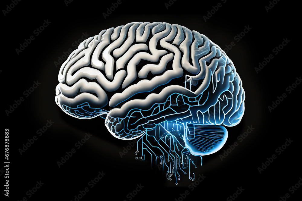 Digital illustration of a human brain with colorful bright colors ...