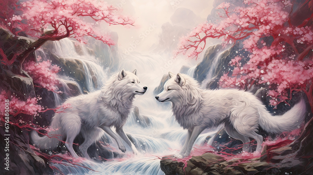Romantic tale of two wolves dancing under a cascade of cherry blossoms ...