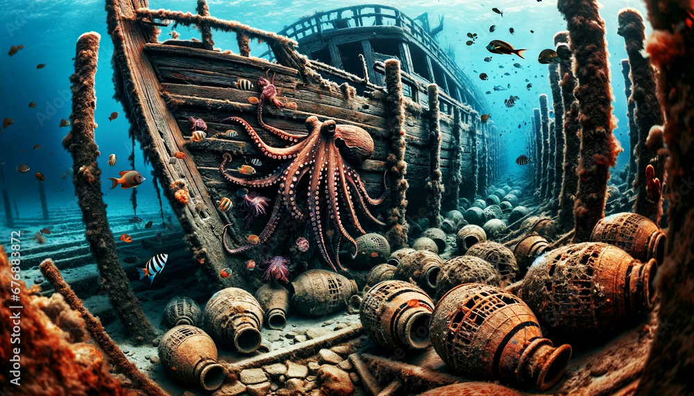 An image of a Byzantine-era merchant shipwreck, its timbers spread ...