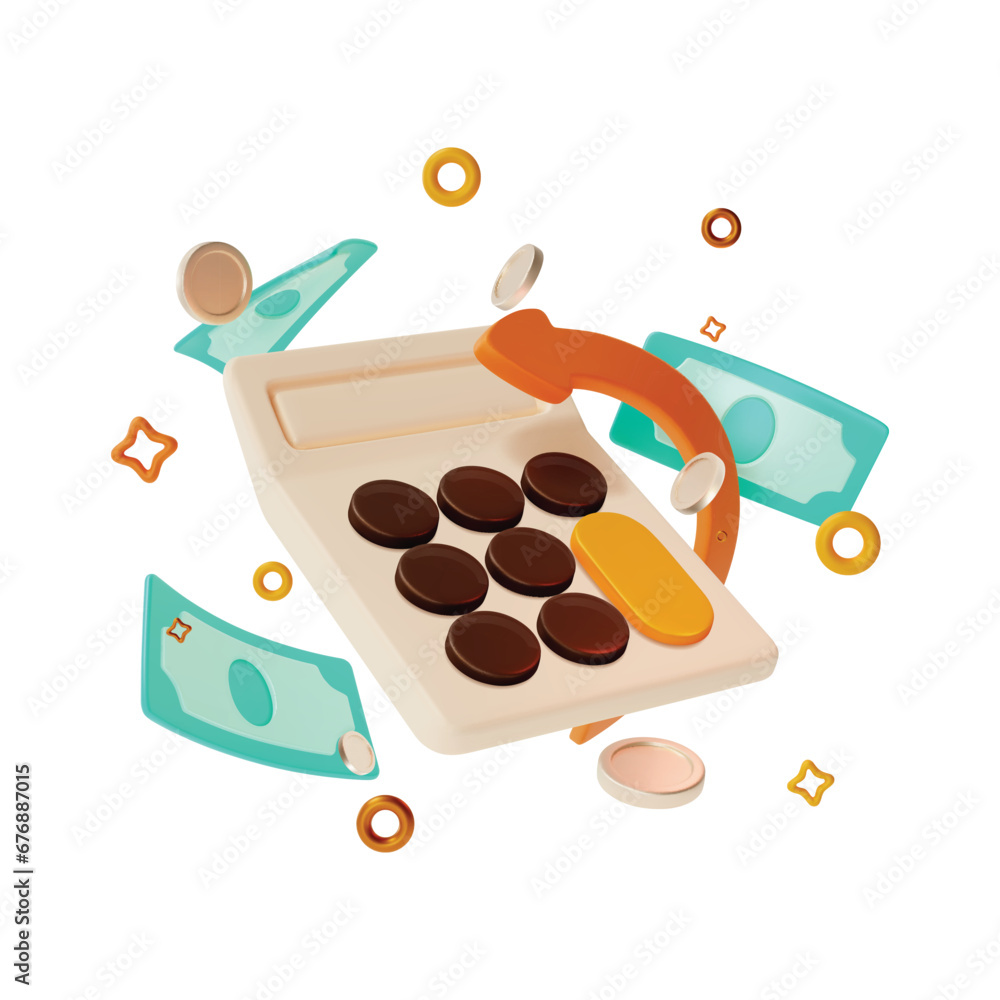 3d Minimal Calculator with Money Coins and Banknote Floating Around ...